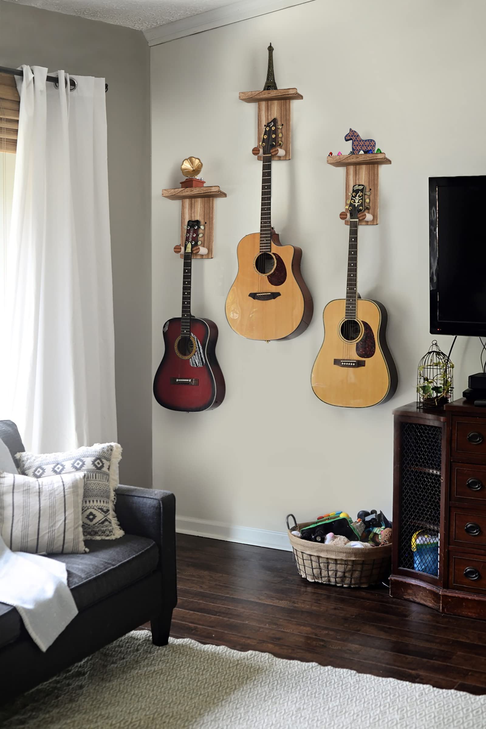 Keebofly Guitar Wall Mount,3 Pack Guitar Wall Hangers Guitar Stand Wall with Pick Holder Guitar Rack for Acoustic or Electric Guitars,Ukulele,Bass,Mandolin,Rustic Wood Brown,[Patented]