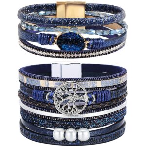 lightonit leather wrap boho bracelets for women blue stone crystal braclet birthday gift bohemian trendy layered bracelet with magnetic clasp