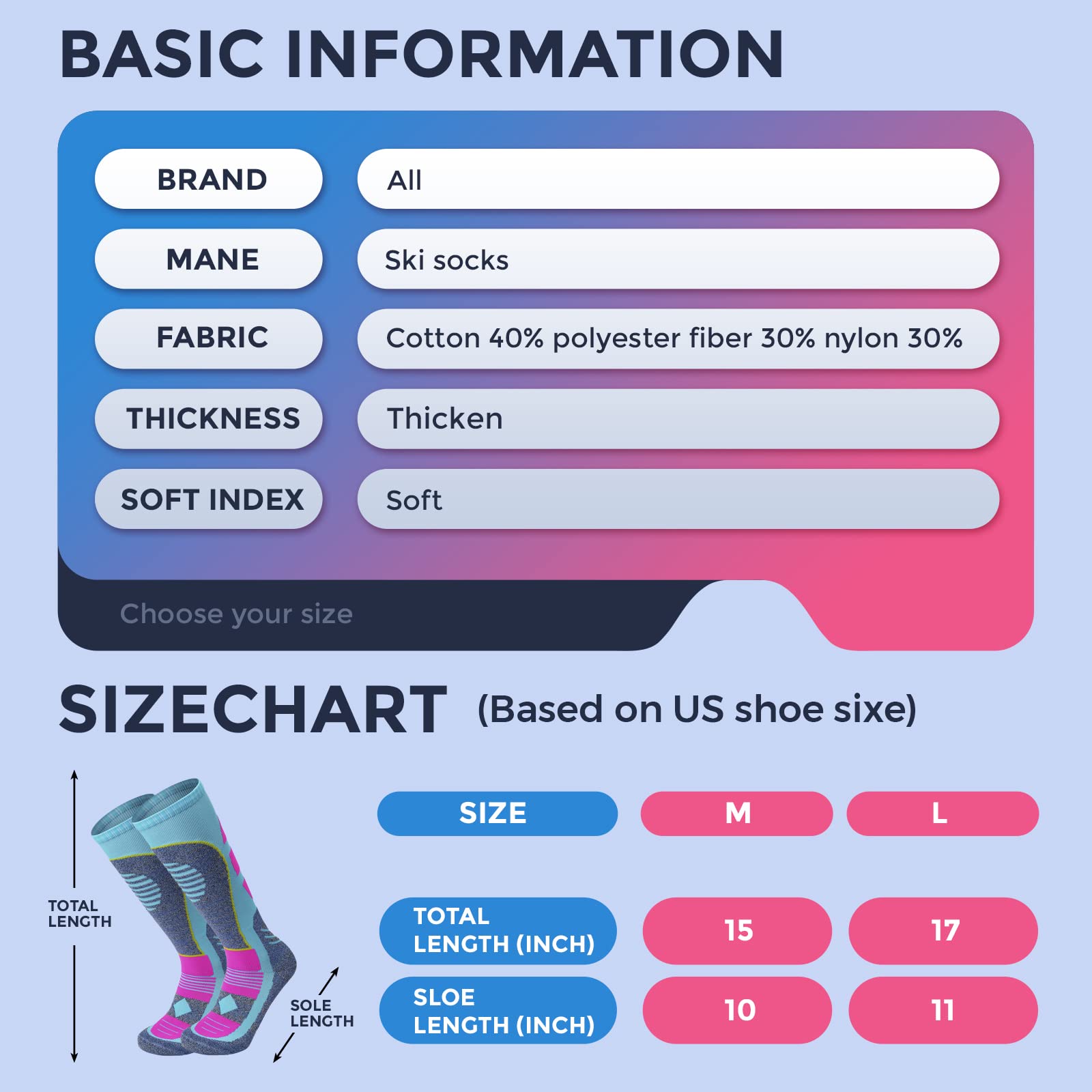 AII Thermal Ski Socks Mens and Women（2 Pairs）,Cross Country Skis Snowboard socks for Skiing Outdoor socks (1Purple+1Blue, Large)