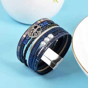 LightOnIt Leather Wrap Boho Bracelets for Women Blue Stone Crystal Braclet Birthday Gift Bohemian Trendy Layered Bracelet with Magnetic Clasp