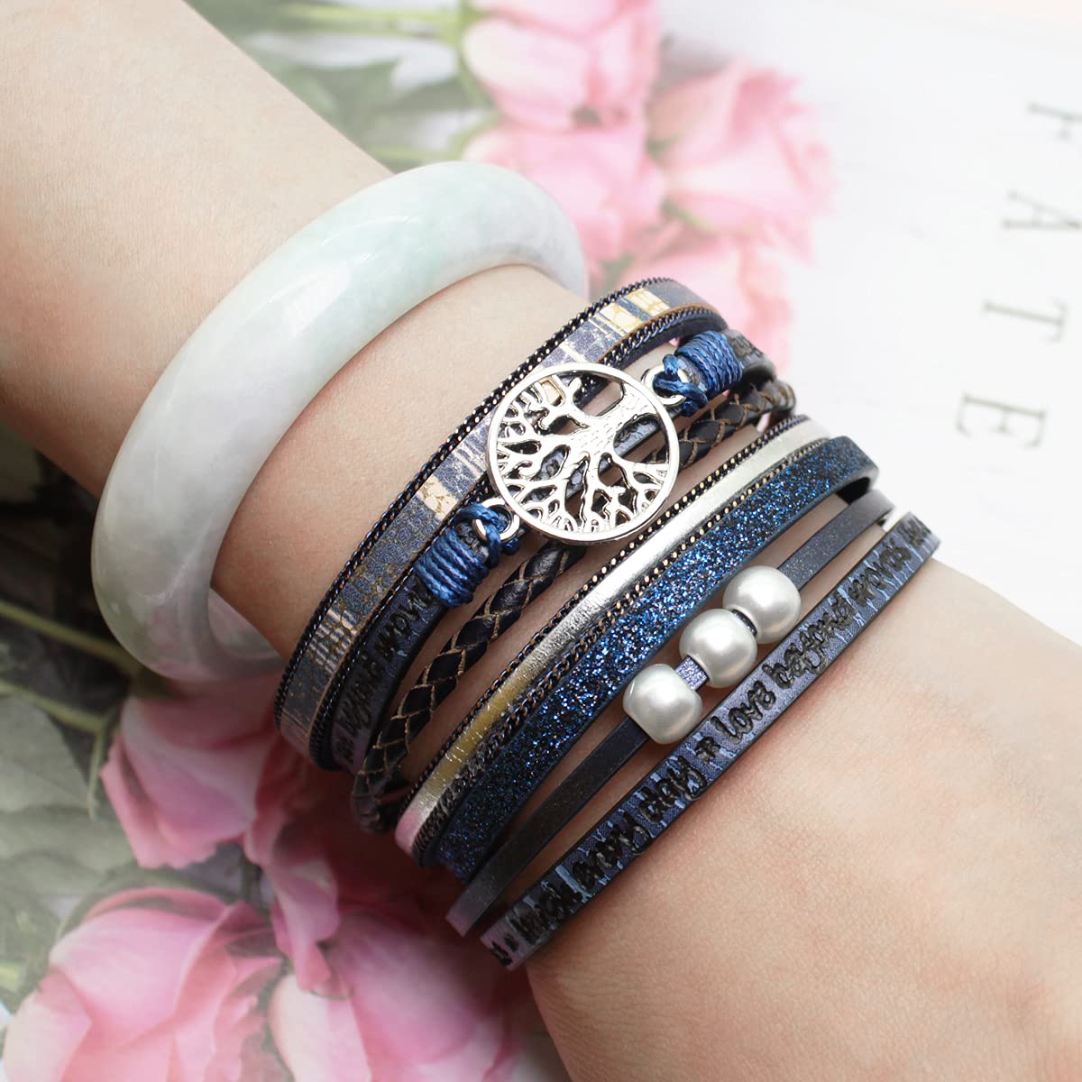 LightOnIt Leather Wrap Boho Bracelets for Women Blue Stone Crystal Braclet Birthday Gift Bohemian Trendy Layered Bracelet with Magnetic Clasp