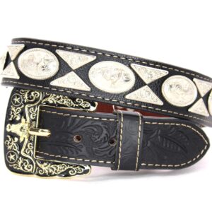 West Star Texas Mens Women Western Cowboy Thick Leather Belt Longhorn Horse Rooster Cowboy Prayer Sheriff Star Emblem 111E Rooster BK Floral L