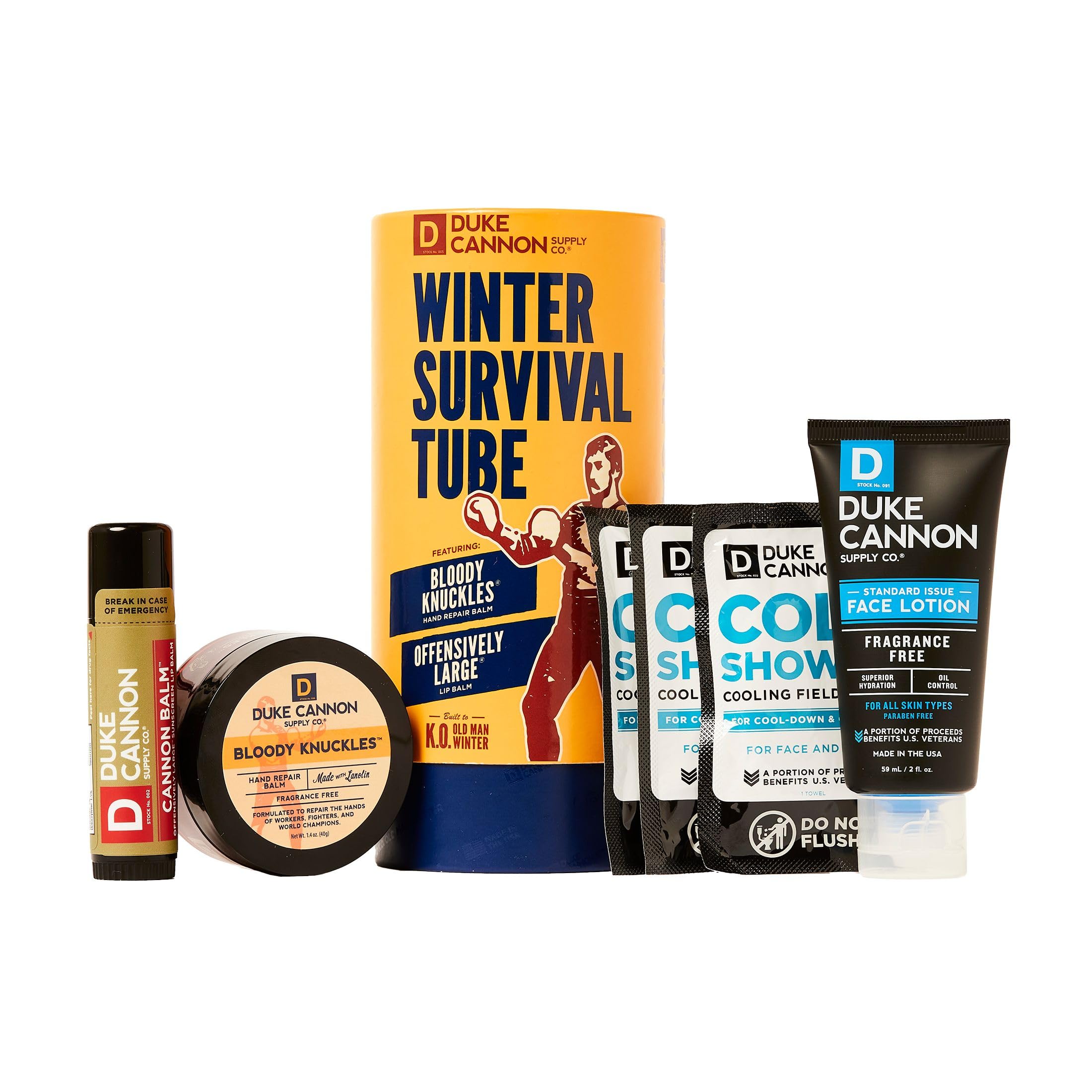 Duke Cannon Winter Survival Tube | Hand Repair Balm, Lip Balm, Face Lotion & Cooling Towels | Ultimate Protection for Hands, Lips, and Face | 4-Piece Set, Made in USA