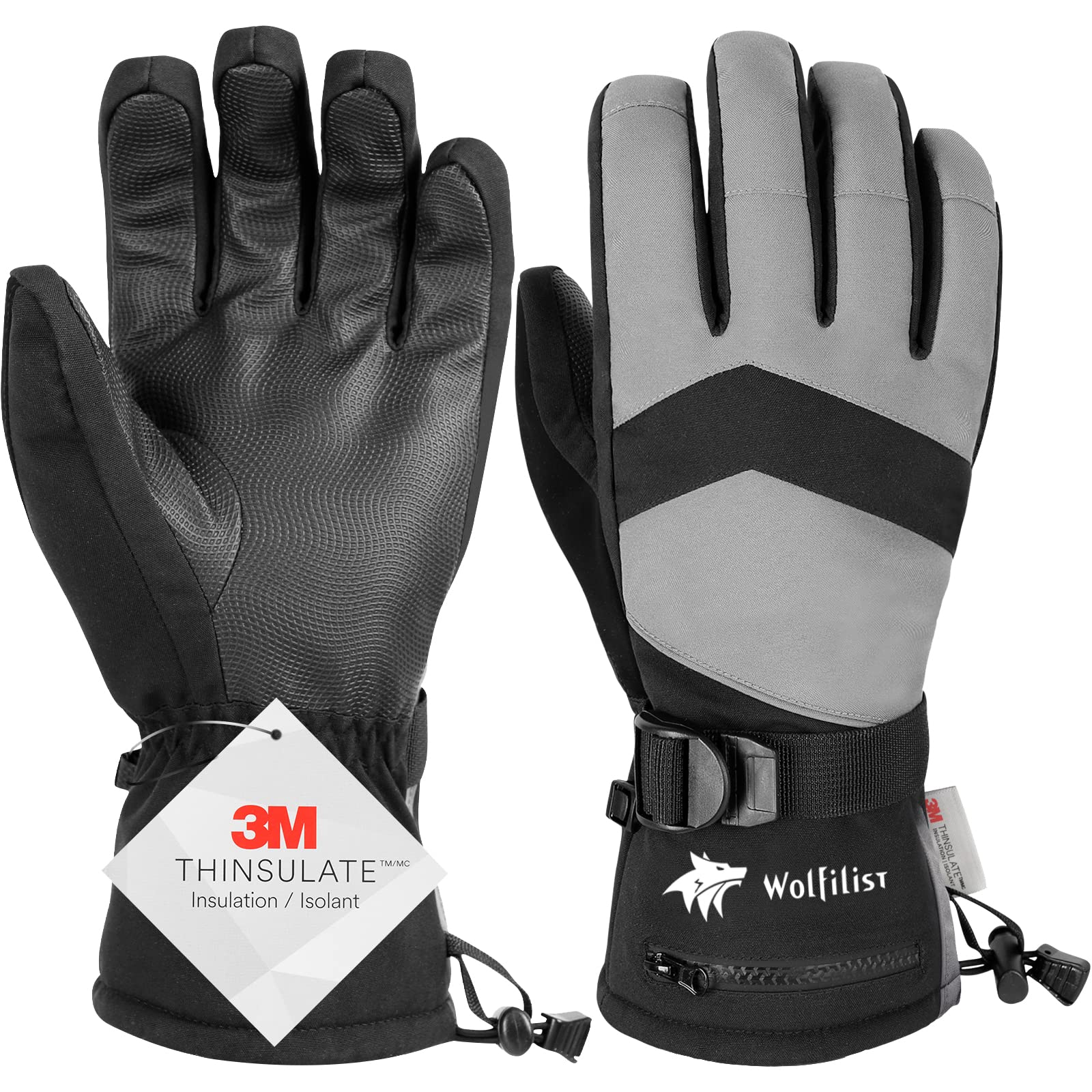 WOLFILIST Ski Gloves Waterproof Windproof - 3M Thinsulate Insulated Warm Snow Gloves, Snowboard Gloves with Zipper Pocket, Touchscreen Winter Gloves for Men Women