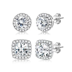 hayoso 18k gold plated halo stud earrings 925 sterling silver cubic zirconia stud earrings round square diamonique stud earrings set for women men - silver