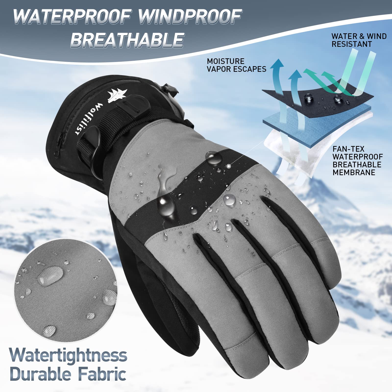 WOLFILIST Ski Gloves Waterproof Windproof - 3M Thinsulate Insulated Warm Snow Gloves, Snowboard Gloves with Zipper Pocket, Touchscreen Winter Gloves for Men Women