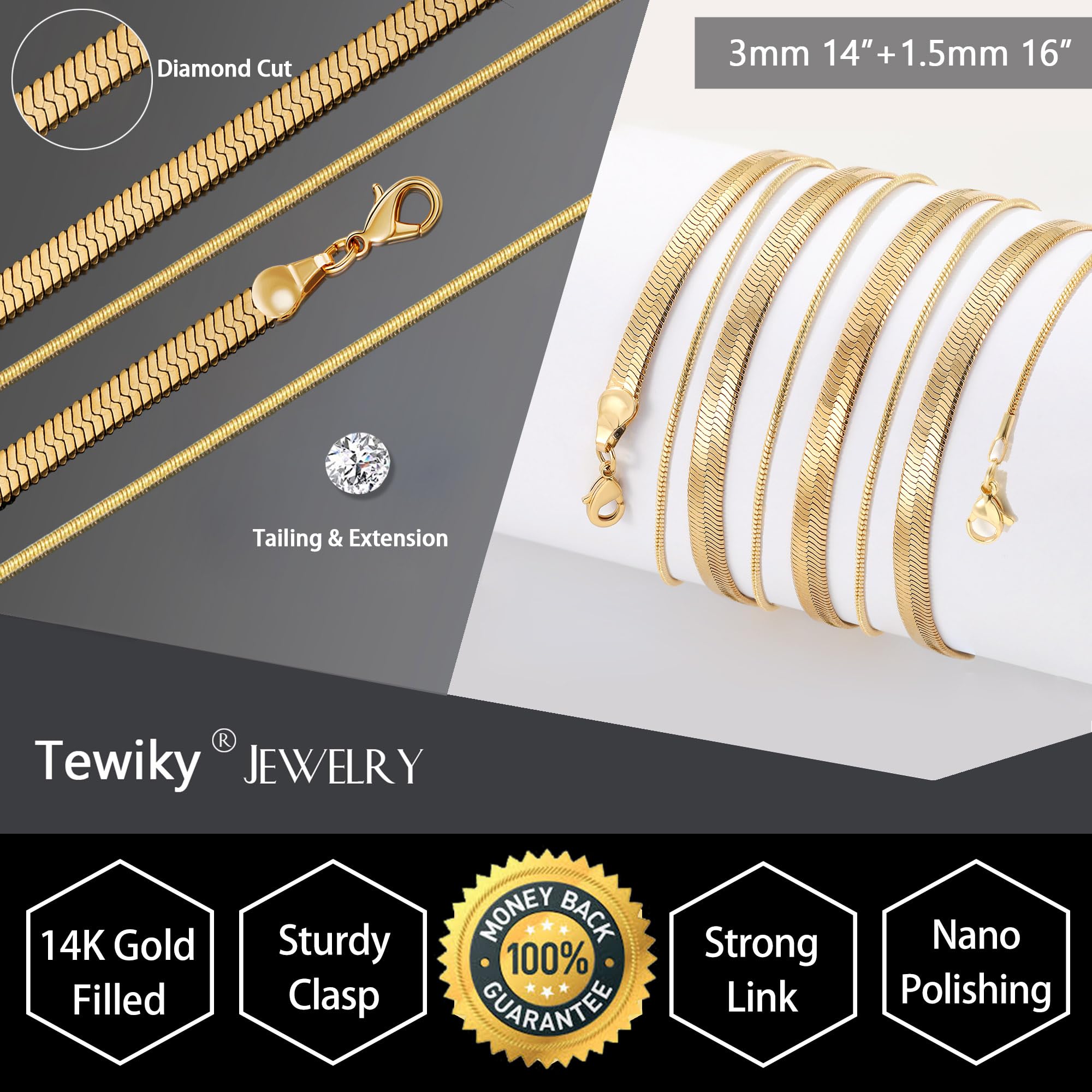 Tewiky 14k Gold Plated Herringbone Layered Necklace Set - Dainty Chain Choker for Women and Women