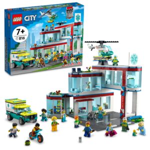 lego city hospital building set 60330 with toy ambulance, rescue helicopter and 12 mini figures, pretend play toy hospital for educational fun, connect to other city sets, for kids age 7+