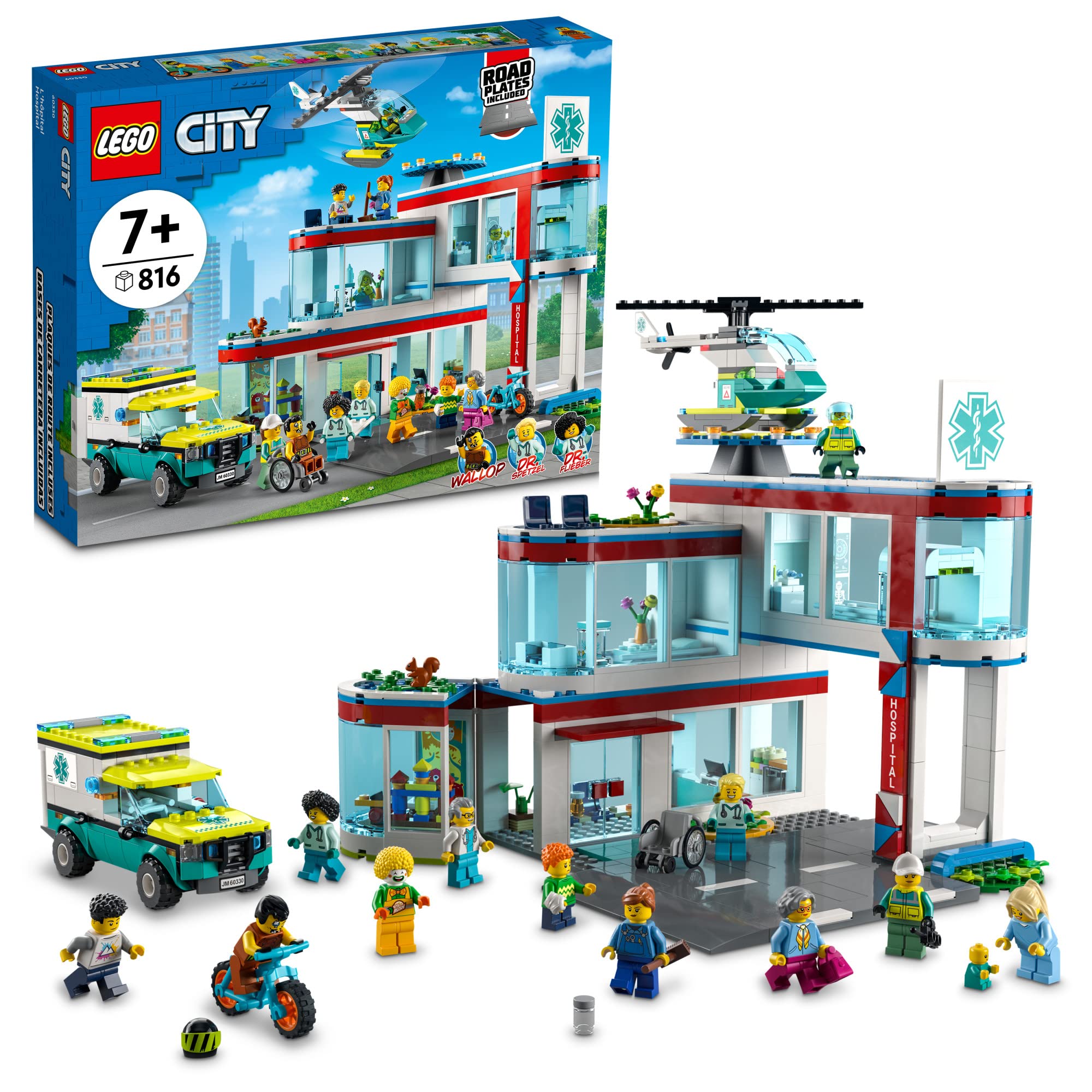 LEGO City Hospital Building Set 60330 with Toy Ambulance, Rescue Helicopter and 12 Mini Figures, Pretend Play Toy Hospital for Educational Fun, Connect to Other City Sets, for Kids Age 7+