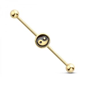 pierced owl 14ga ying yang balance of life 316l surgical stainless steel industrial cartilage barbell (gold tone)