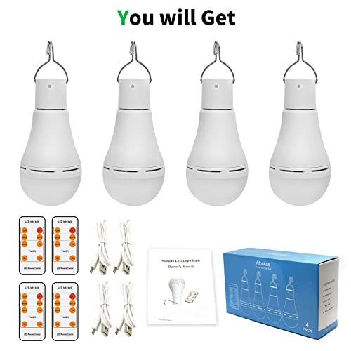 4 Pack Portable Emergency LED Bulbs, Afoskce USB Rechargeable Camping Light with Remote Timer, 5 Lighting Modes, with Hook, 1500mAh Smart Light Bulbs for Emergency, Camping, Hiking, Hurricane Outage