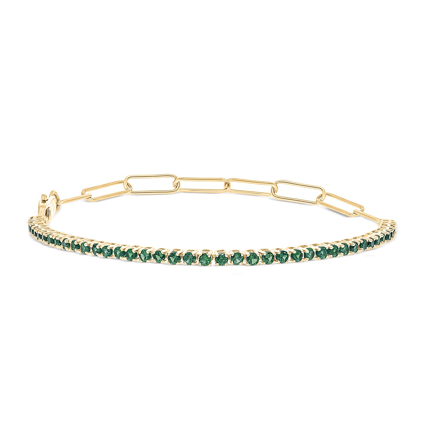 Emerald Tennis Bracelet for Women, Paper Clip-Styled Link Chain in 18k 1-micron Yellow Gold-Plating over 925 Sterling Silver, Women's Eternity Bracelet with Created Emerald Stones, 7" Link Chain