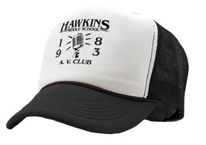 hawkins middle school - av club - stranger - vintage retro style trucker cap hat (black)