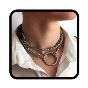 cloace punk gothic choker necklace black leather chain circle necklaces gothic collar chokers rock o-ring wide necklace halloween costume jewelry adjustable for women