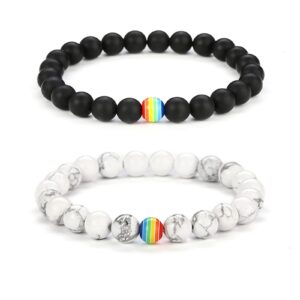 lgbt natural stone bead stretchy string lesbian gay pride bracelet handmade adjustable rainbow gemstone seed for men women friend lgbtq friendship jewelry birthday gift-a black white