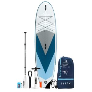 pelican boracay premium inflatable stand up paddle board - 3 pieces sup paddle - accessories, leash, hand pump & carry bag - 10.4 ft - white/blue