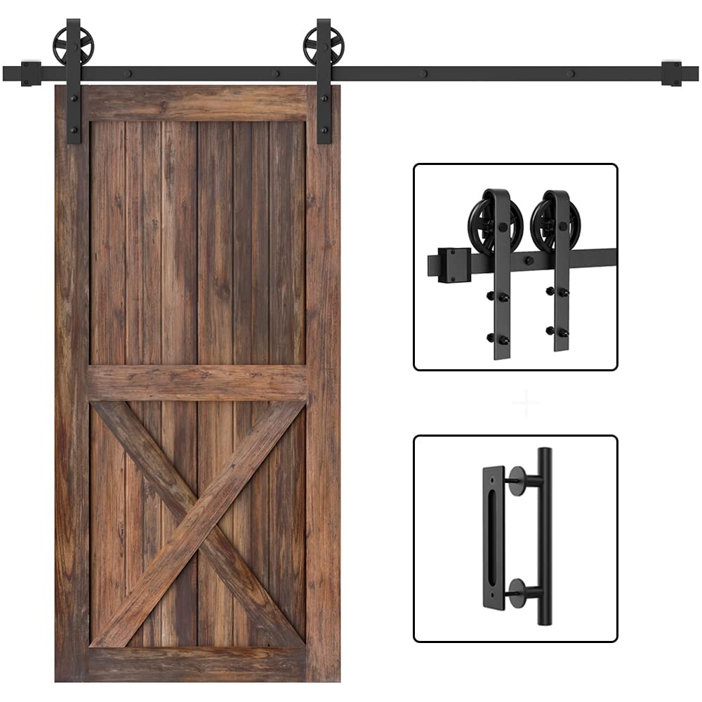 WINSOON 8FT Single Wood Sliding Barn Door Hardware Kit with 1pc Barn Door Handle Set