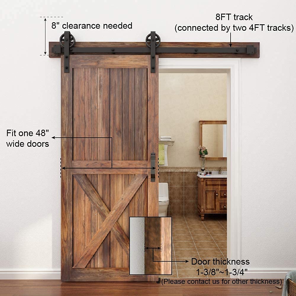 WINSOON 8FT Single Wood Sliding Barn Door Hardware Kit with 1pc Barn Door Handle Set