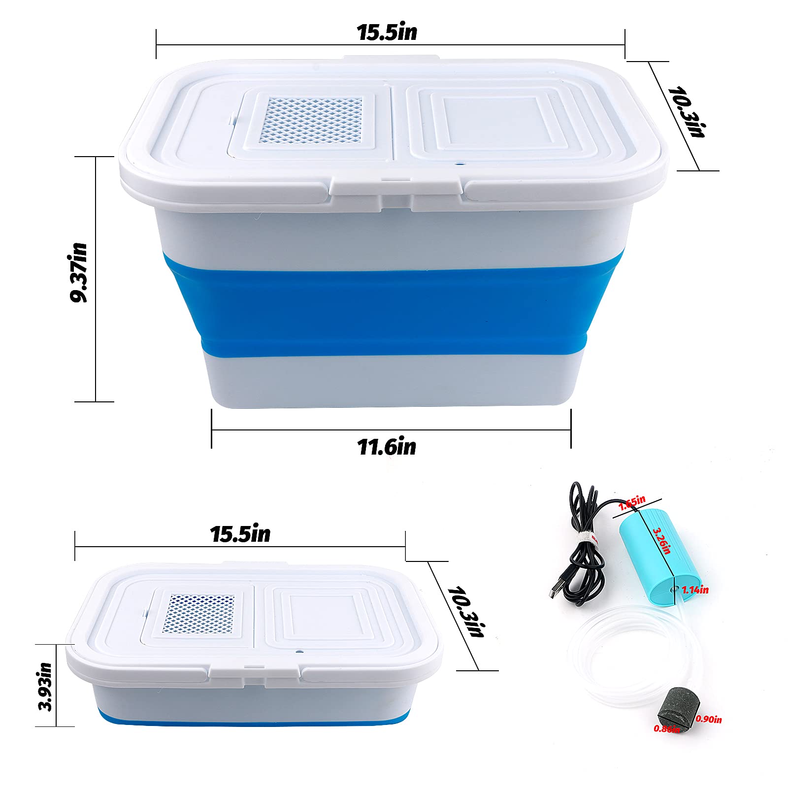 13L Fishing Bucket with Mini Oxygen Pump,Portable Folding Collapsible Minnow Bucket Fish Live Container Box with Breathable Mesh Space Saving Outdoor Traveling Hiking Fishing