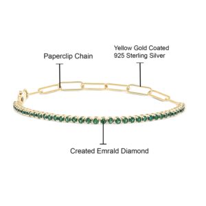 Emerald Tennis Bracelet for Women, Paper Clip-Styled Link Chain in 18k 1-micron Yellow Gold-Plating over 925 Sterling Silver, Women's Eternity Bracelet with Created Emerald Stones, 7" Link Chain