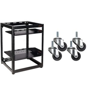 echogear 15u open frame rack & caster kit - heavy duty rack with vented shelves & easy to install wheels