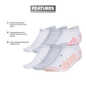 adidas Women's Superlite Linear 3.0 No Show Socks (6-Pair), White/Bliss Pink/Clear Onix Grey, Medium