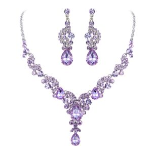 ever faith costume jewelry crystal floral wave teardrop pendant necklace dangle earrings vintage jewelry set light purple silver-tone