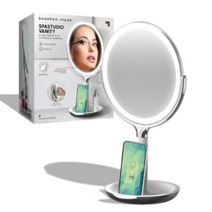 sharper image® spastudio™ 8” vanity mirror - wireless qi charging pad, dimmable led halo light ring, 10x & 5x magnification, cosmetic makeup skincare essential, aesthetic room desk decor storage