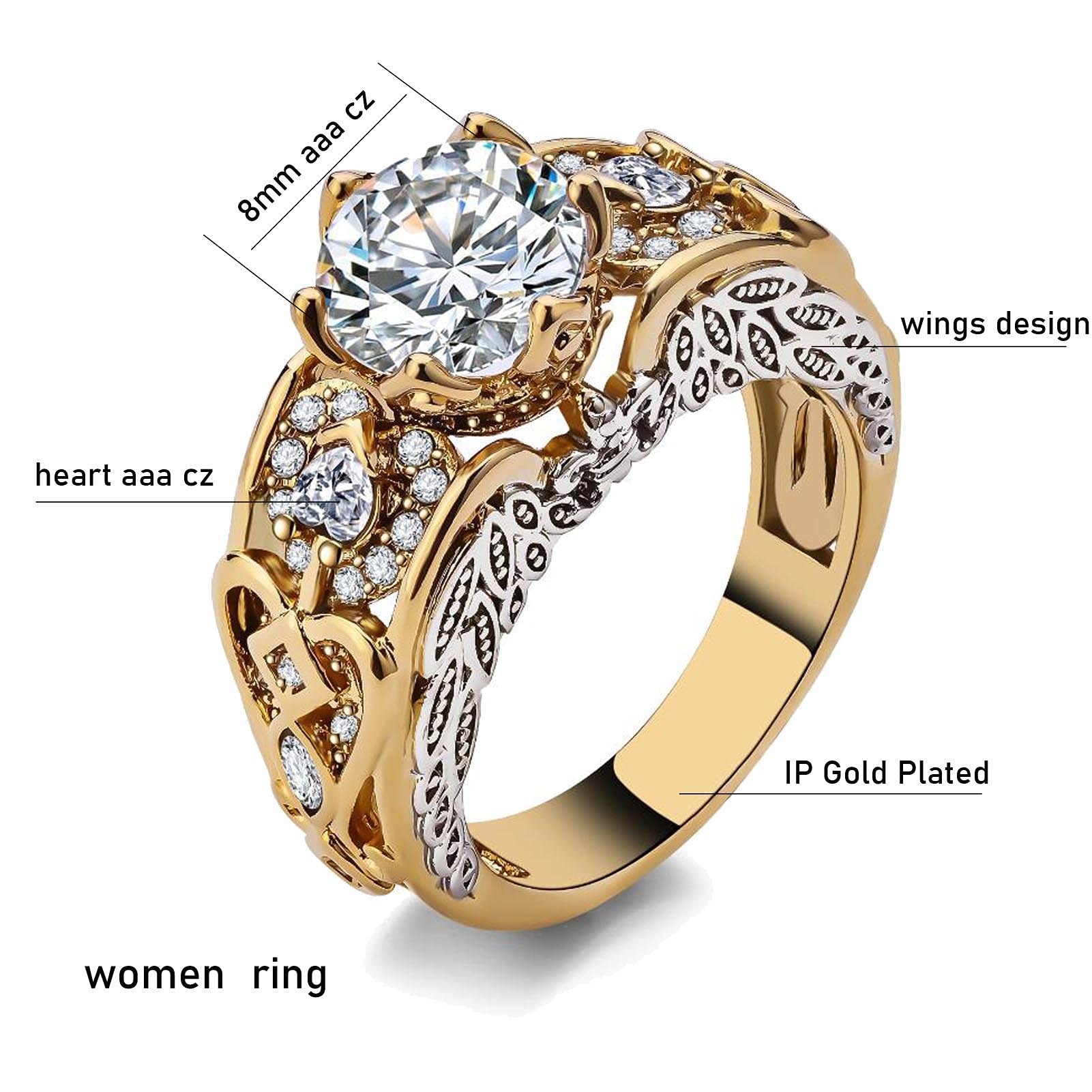 Ringcrown 2 Rings Couple Rings Matching Ring Bridal Sets 10kt Gold Plated AAA Cz Womens Wedding Ring Wing Ring Tungsten Man Wedding Bands