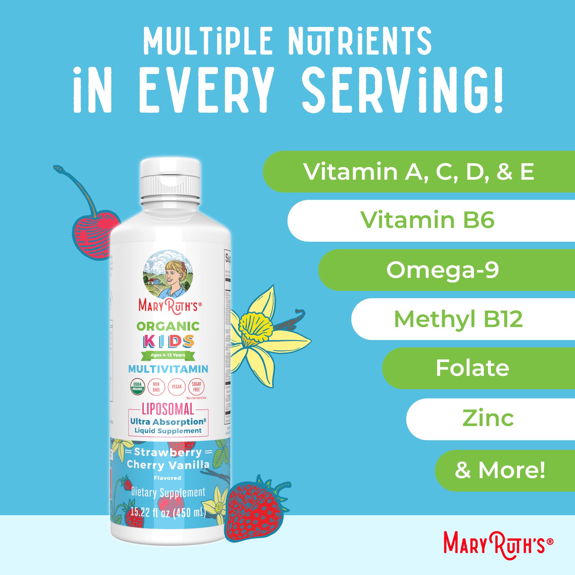 MaryRuth's Kids Multivitamin lipsomal | Vegan, Sugar-Free Vitamins for Kids Ages 2+ | Childrens Vitamins 1-2 Month Supply | Multivitamin for Kids | Multi | Kids Vitamins | 15.22 Fl Oz