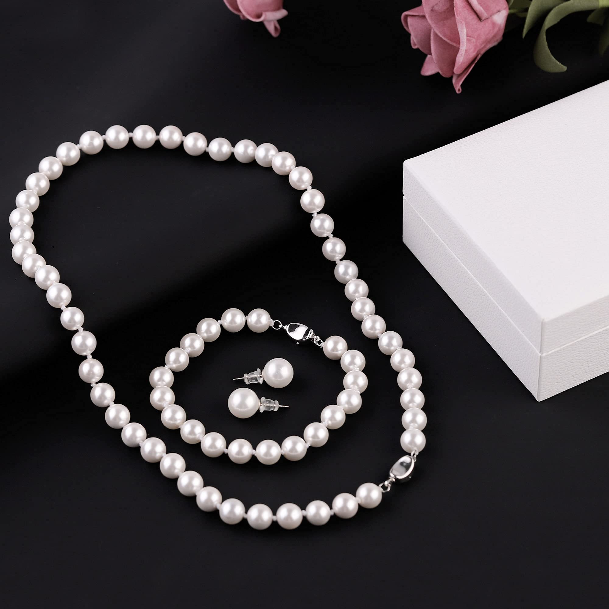 Senteria Pearl Necklace and Earring Set|Simulated Shell Pearl Choker Necklace for Women Men |Wedding Gifts for Brides Bridesmaid 16-22 Inch 6-8mm Hand Knotted Pearl Strand with Fine Gifts Box