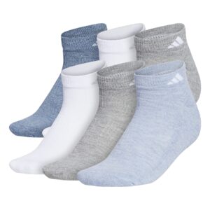 adidas women's athletic cushioned cut socks (6-pair) low profile arch compression for a secure fit, heather grey/washed denim blue heather/white, medium