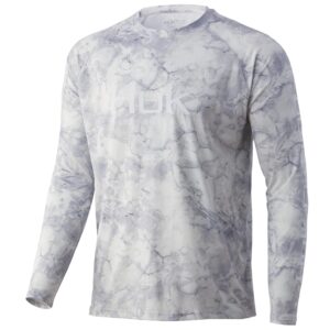 huk mens pursuit camo vented long sleeve shirt|+30 upf fishing shirt, mossy oak drift, large us