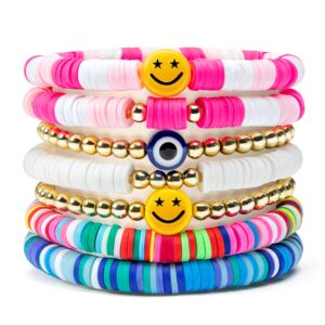 y1tvei 7pcs heishi surfer bracelets set colorful preppy smile evil eye beaded stretch bracelets clay stackable boho disc bracelets y2k aesthetic summer beach jewelry for women