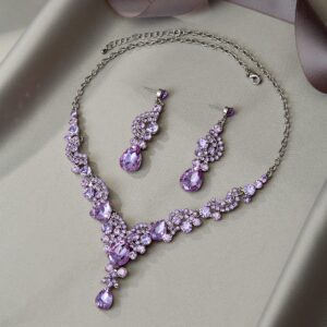 EVER FAITH Costume Jewelry Crystal Floral Wave Teardrop Pendant Necklace Dangle Earrings Vintage Jewelry Set Light Purple Silver-Tone