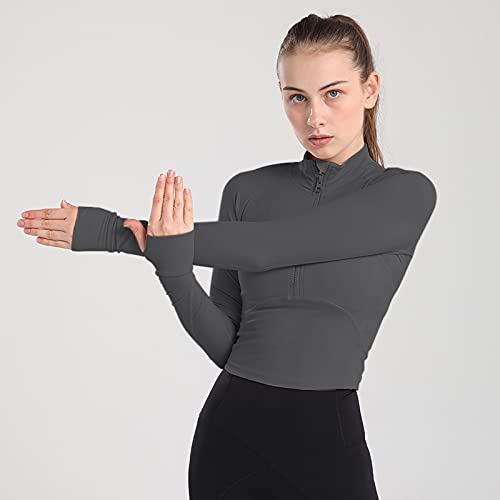 ZHENWEI Workout Jacket for Women Cropped Turtleneck Sports Jackets Long Sleeve Yoga Running Athletic Jacket,DarkGrey,XS