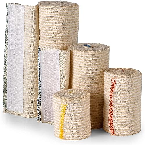 Hook and Loop Closure Elastic Bandage Wraps - Premium Variety Pack of 8, 2 3 4 6 inch x 5 Yards per Roll - Latex Free Reusable Compression Stretch Roll for First Aid, Medical, & Sports Injury Recovery