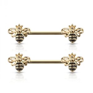 pierced owl 14ga double golden queen bee ends 316l surgical stainless steel barbells nipple rings, sold as a pair