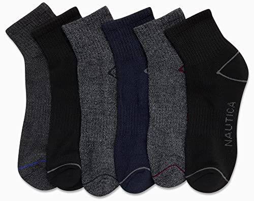 Nautica Men's Performance Quarter Socks with Cushioned Comfort (6 Pack), Size 6-12.5, Navy/Gray