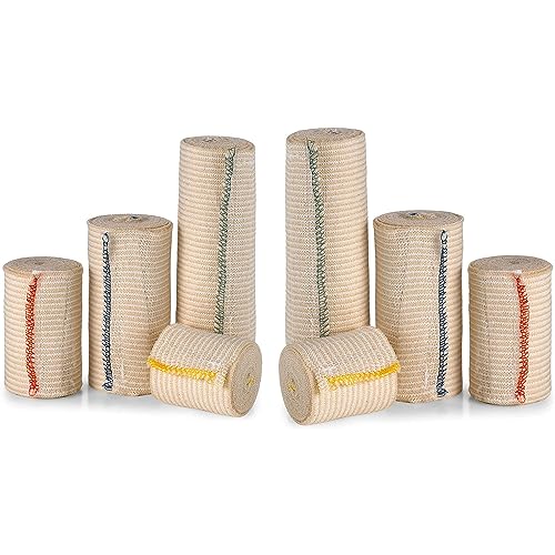 Hook and Loop Closure Elastic Bandage Wraps - Premium Variety Pack of 8, 2 3 4 6 inch x 5 Yards per Roll - Latex Free Reusable Compression Stretch Roll for First Aid, Medical, & Sports Injury Recovery