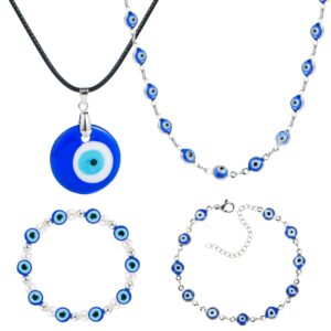 jdxn 4pcs evil eye blue glass eye pendant necklace evil eye ring set plated eye rings colorful evil eye finger ring for women girls (bule/gold/silver /4pcs)