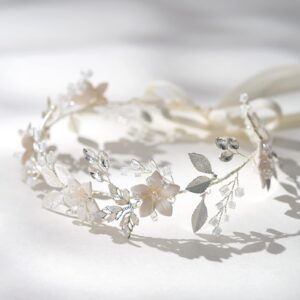 SWEETV Handmade Bridal Headband Silver Wedding Hair Accessories for Brides Hair Pieces Floral Wedding Headpieces for Flower Girl Bridesmaid