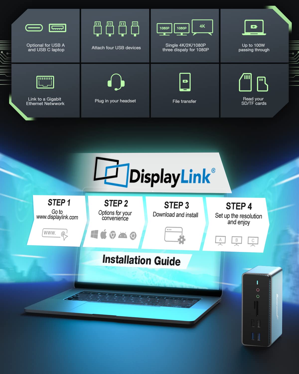 Hiearcool Docking Station,Universal USB C Docking Station,Quadruple Display Compatible for macOS Windows USB C/A Laptop 14IN1 Docking Station