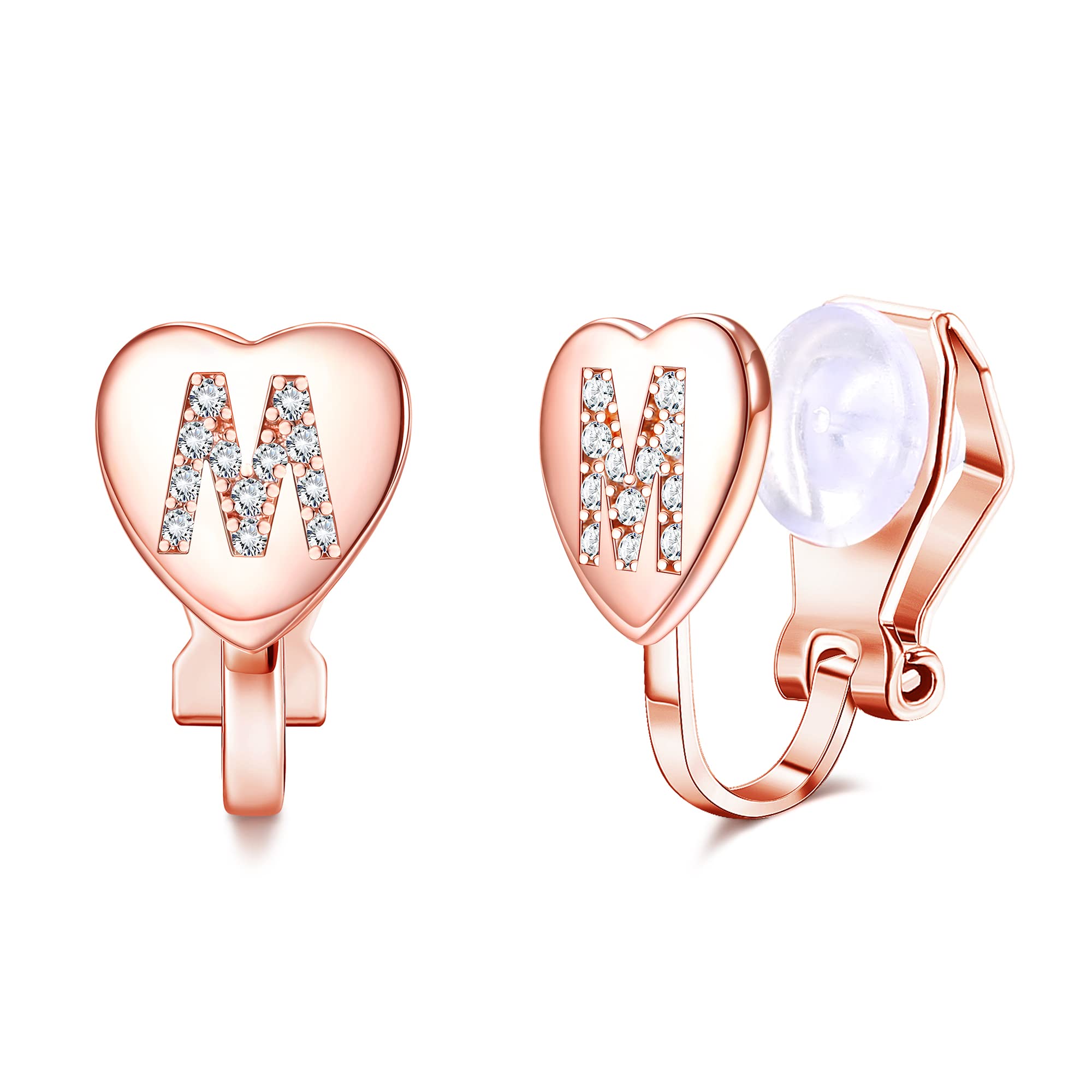 FUNRUN JEWELRY Heart Initial Clip on Stud Earrings for Women Rose Gold Plated Dainty Alphabet Letters A-Z Stud Earrings Non Pierced Stud Earrings(M)