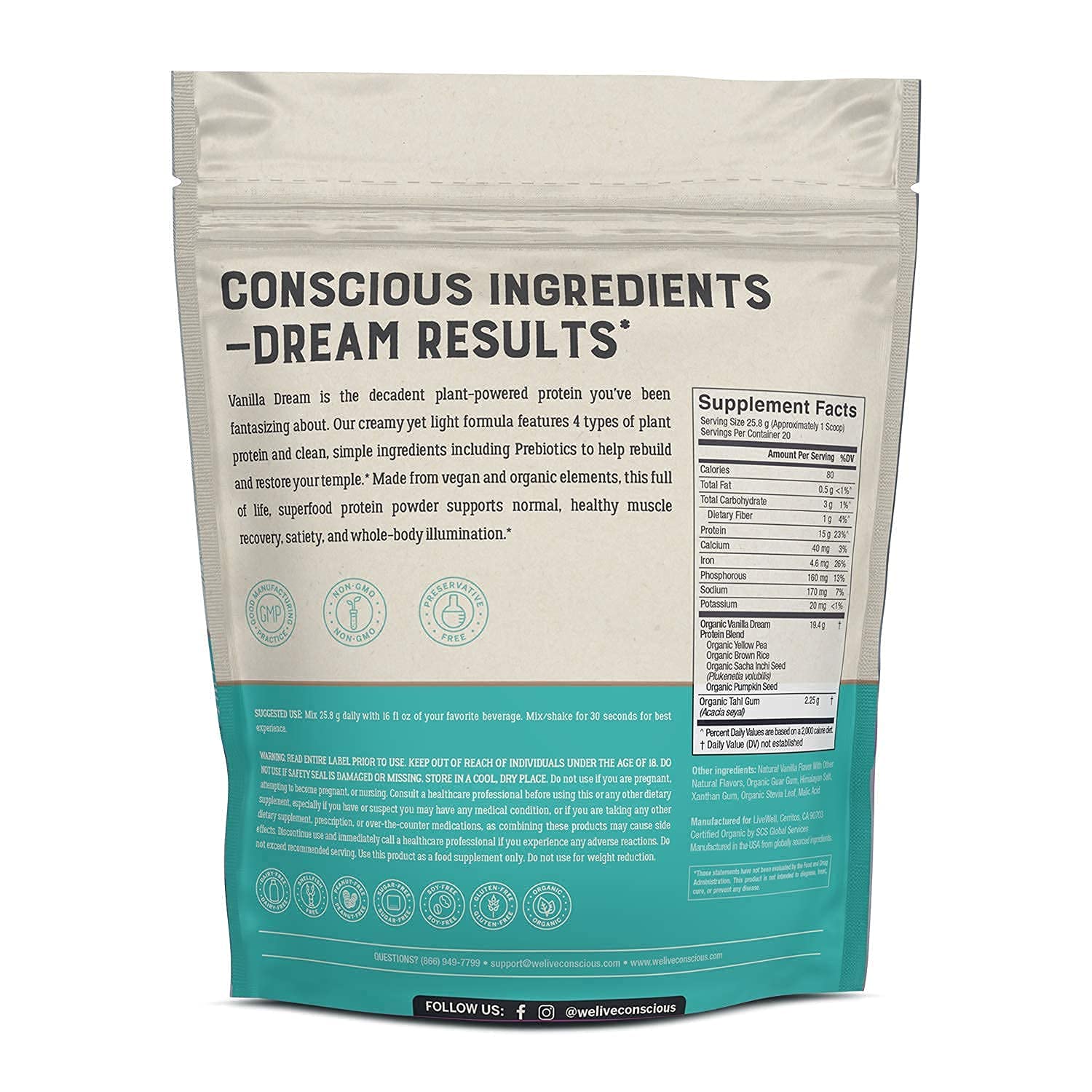 Live Conscious Beyond Greens Concentrated Superfood Powder & Organic Pea Protein Powder - Vanilla Dream Flavor | Immune System Boost & Gut Health + Metabolism & Muscle Support