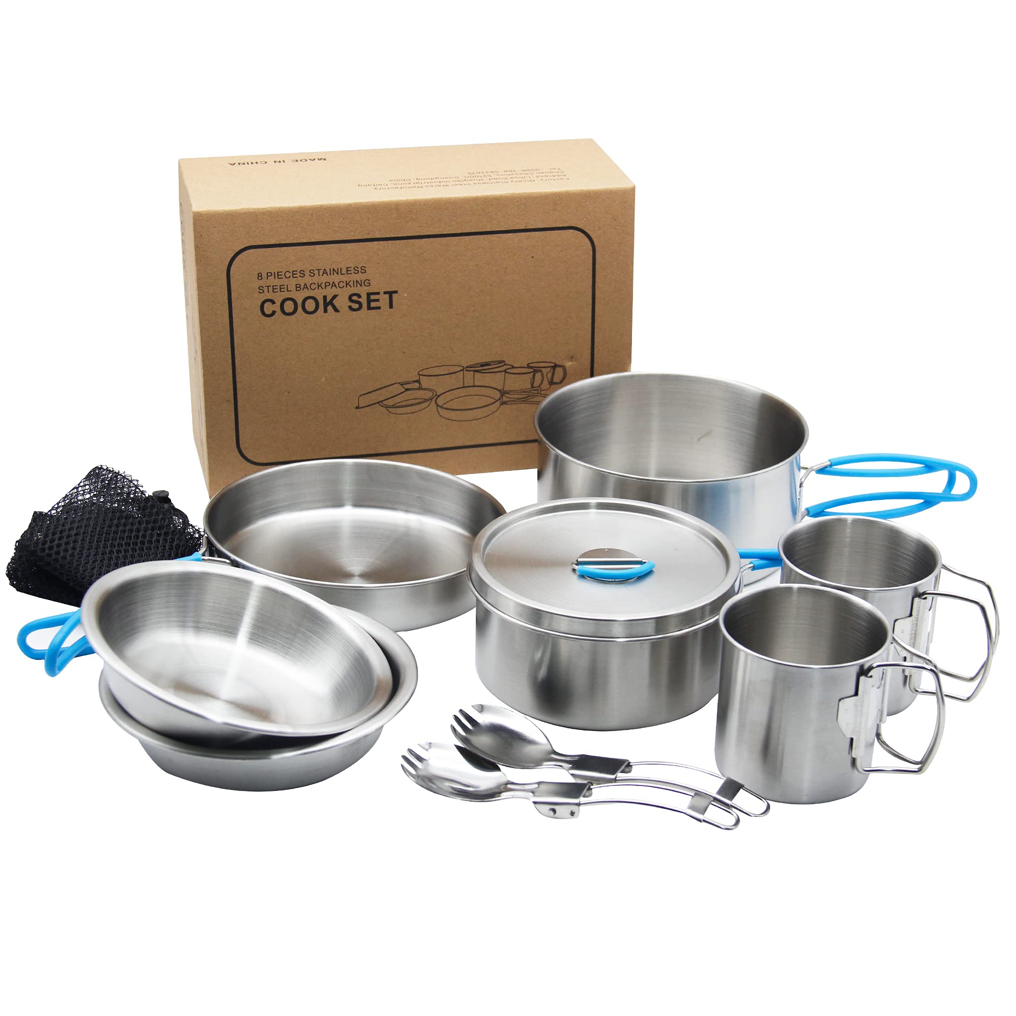 BEFOY Stainless Steel 10Pcs Camping Cookware Mess Kit Cooking Set Backpacking Gear Lightweight Pots and Pans Set with Folding Knife Fork for Outdoor Camping Hiking Picnic