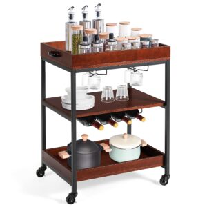 costway kitchen rolling island cart, 3-tier rolling bar serving cart with wine rack & glass holders, industrial baker’s rack on wheels, convenient handle, brown