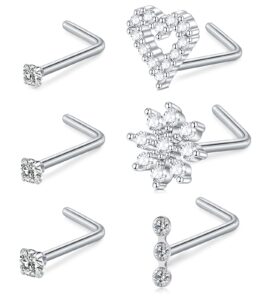 modrsa nose studs 20g nose stud l shaped diamond nose rings stud for women surgical steel nose rings nose screw nose piercing stud flower heart nostril jewelry silver