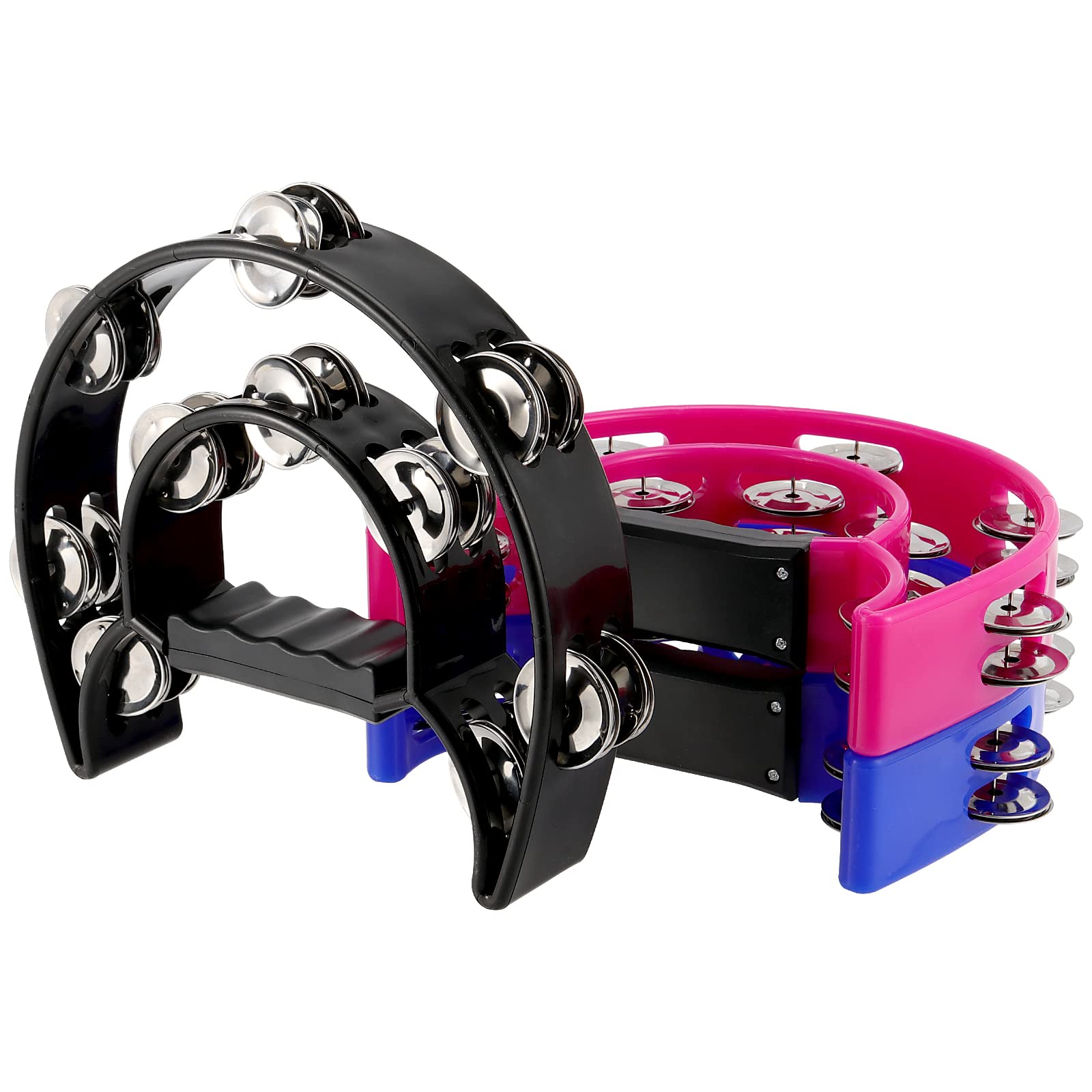 KOHAND 6 Packs 9 Inch Half Moon Tambourine, Double Row Tambourine, Handheld Tambourine with Ergonomic Handle, Plastic Musical Percussion Tambourines, Black, Blue, Magenta