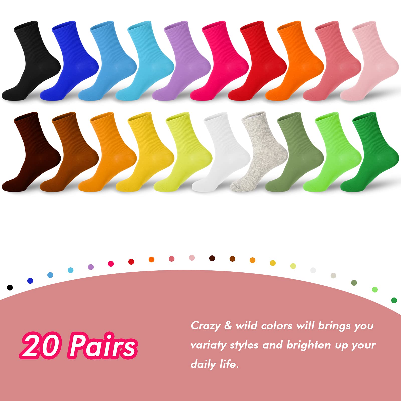 kimteny 20 Pairs Womens Socks, Solid Color Crew Socks Colorful Lightweight Cotton Athletic Socks